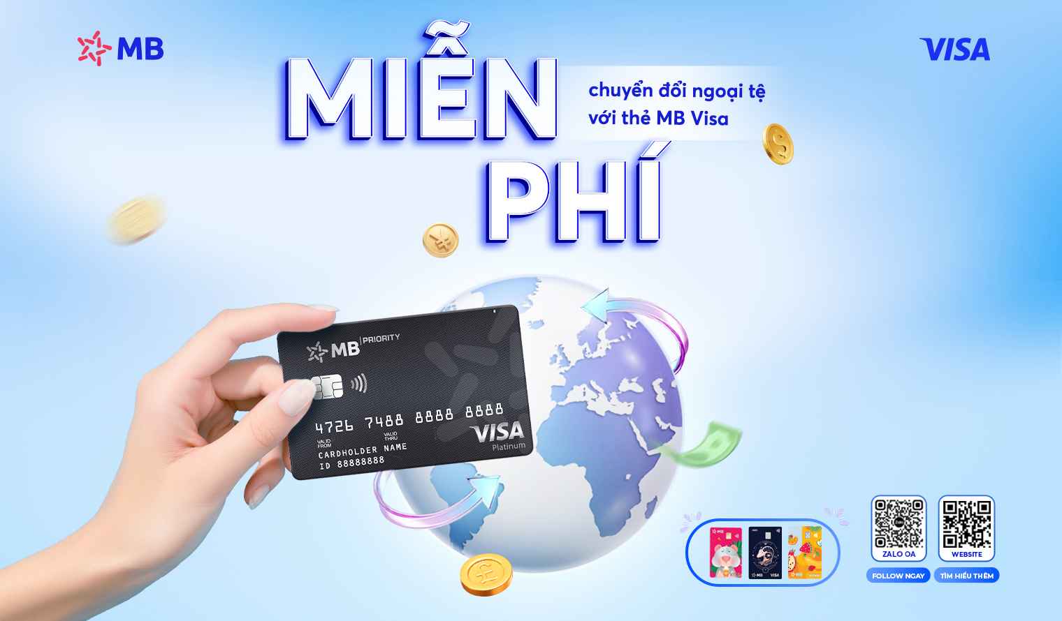 Miễn phí chuyển đổi ngoại tệ với thẻ MB Visa